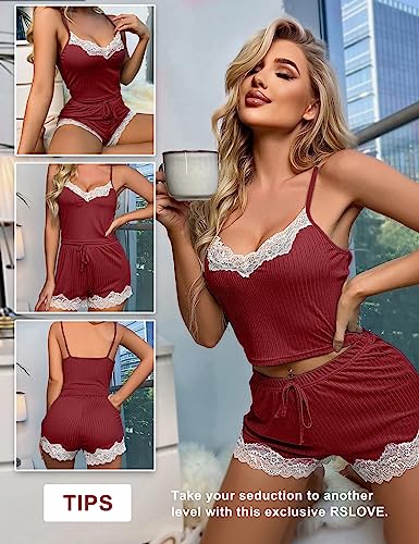 RSLOVE Women's Sexy Pajamas Sets Lace Trim Cami Shorts Sets PJ Set Lounge Set Sleepwear Wine Red Small