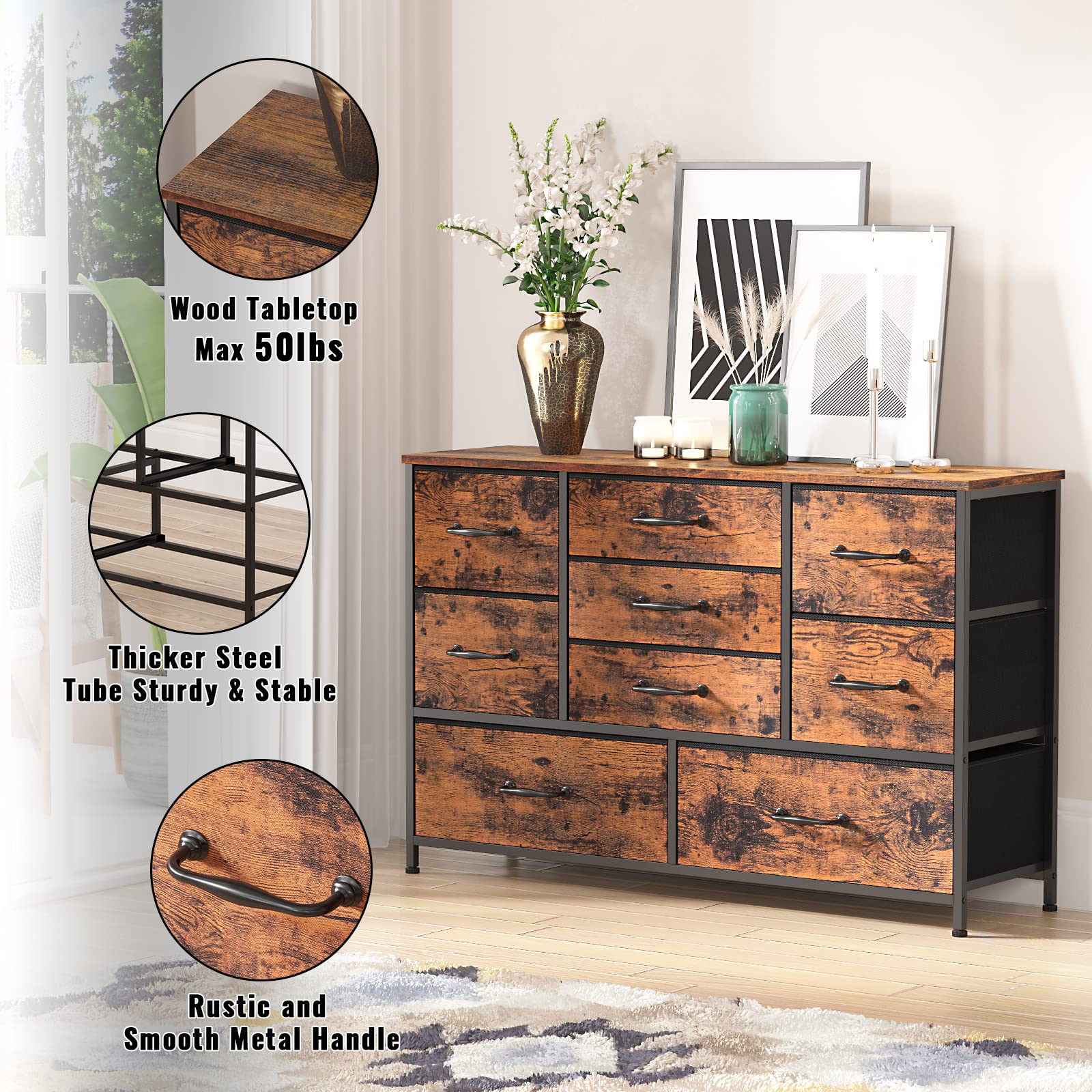 Furnulem Wide Dresser with 9 Large Drawers for 55'' Long TV Stand Entertainment Center,Wood Shelf Storage for Bedroom,Living Room,Closet,Entryway,Sturdy Metal Frame (Rustic Brown