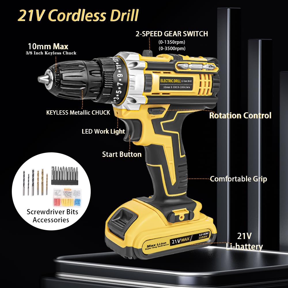 TIKTIK 21V Tool Set with Drill,119 PCS Cordless Drill Sets with 10MM 3/8" Keyless Chuck,25+1 Clutch,2x2.0Ah Battery,Home Tool Kit for All Purpose,Power Drill Set Combo Kit with Toolbox