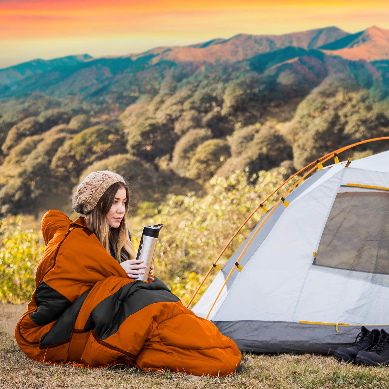 HiHiker Camping Sleeping Bag + Travel Pillow w/Compact Compression Sack – 4 Season Sleeping Bag for Adults & Kids – Lightweight Warm and Washable, for Hiking Traveling. (Orange)