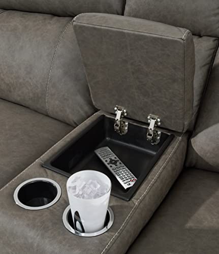 Signature Design by Ashley Roman Contemporary Tufted Leather Power Reclining Loveseat with Console and Adjustable Headrest, Gray