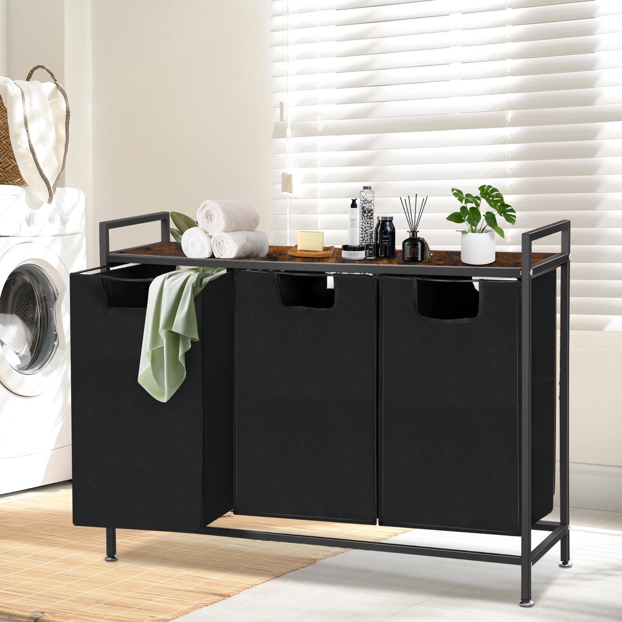 Rengue Laundry Hamper Laundry Basket Laundry Sorter with 3 Pull-Out Removable Bags Clothes Hamper for Laundry Storage Organization with Wood Table Top 3 X 12 Gal/45L