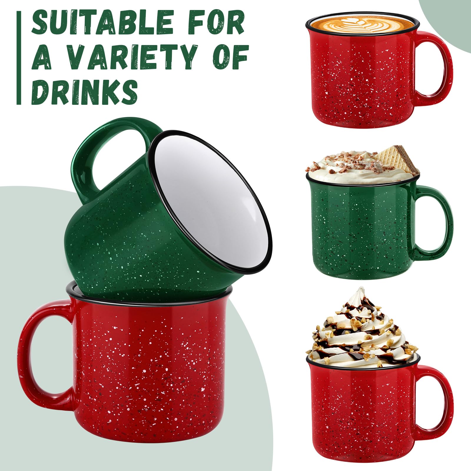 TURSTIN Set of 12 Ceramic Coffee Mugs 15 oz Speckled Christmas Red Green Campfire Camping Cups with Handle Stoneware Enamel Camping Mugs for Drinking, Coffee, Cocoa, Hot Chocolate Tea Campfire Gift