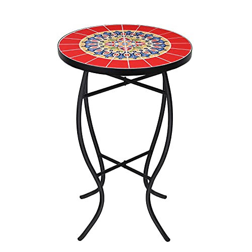 VCUTEKA Mosaic Outdoor Side Table - Small Patio Table Coffee Table Outside Accent Table Round End Plant Table for Bistro Balcony Porch Outdoor Benches 14'' Mosaic Table Red