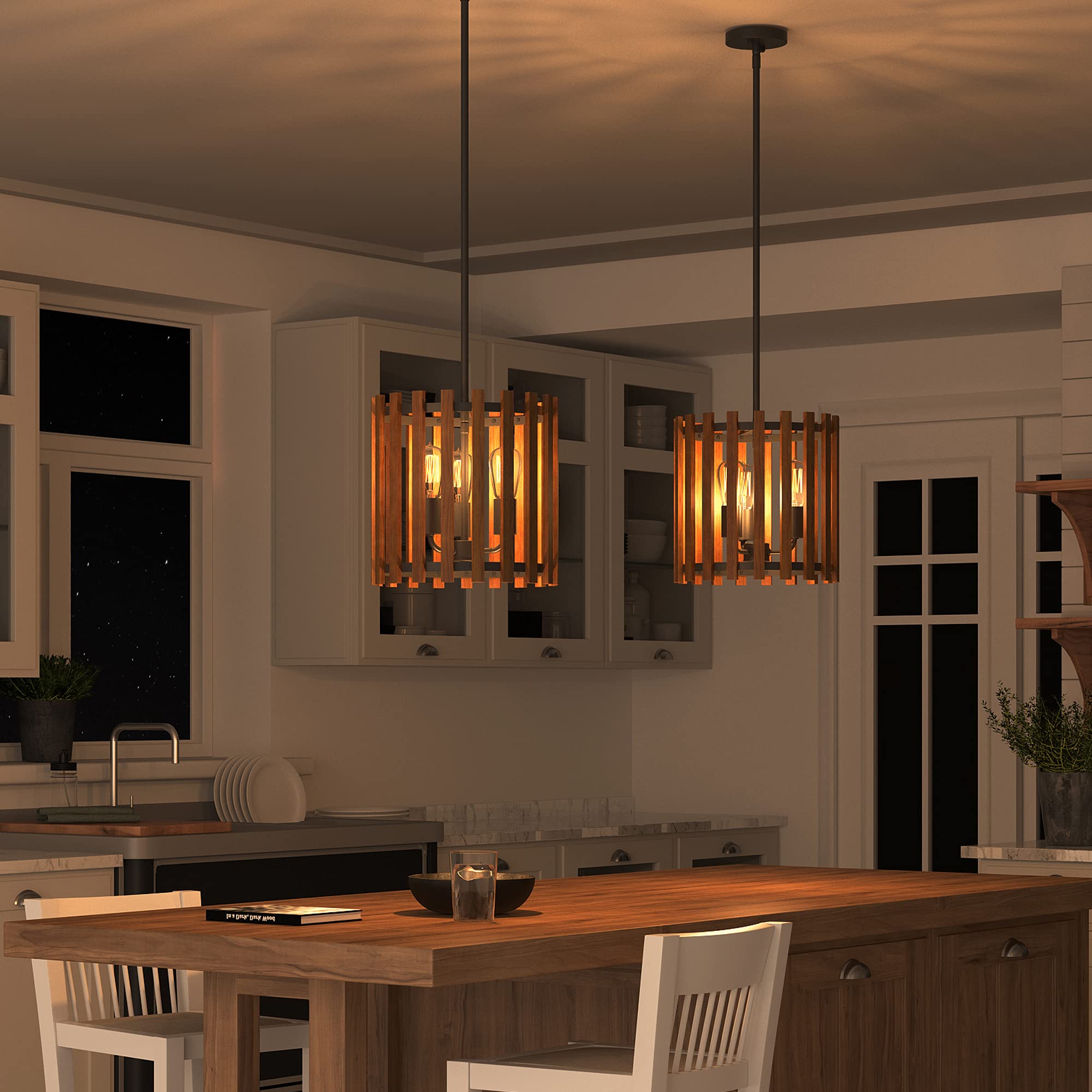 GETINLIGHT 12" W 3-Light Wood and Black Finish Farmhouse Pendant Lighting for Kitchen Island, Dining Room, Rustic Drum Hanging Pendant Light with Adjustable Height, Bulb Not Included, IN-0333-3-WD