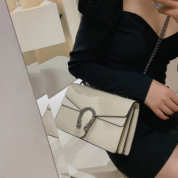 Gxamz Snake Print Crossbody Bag with Chain Women Retro Clutch Shoulder Bag Medium Square Leather Satchel Bag