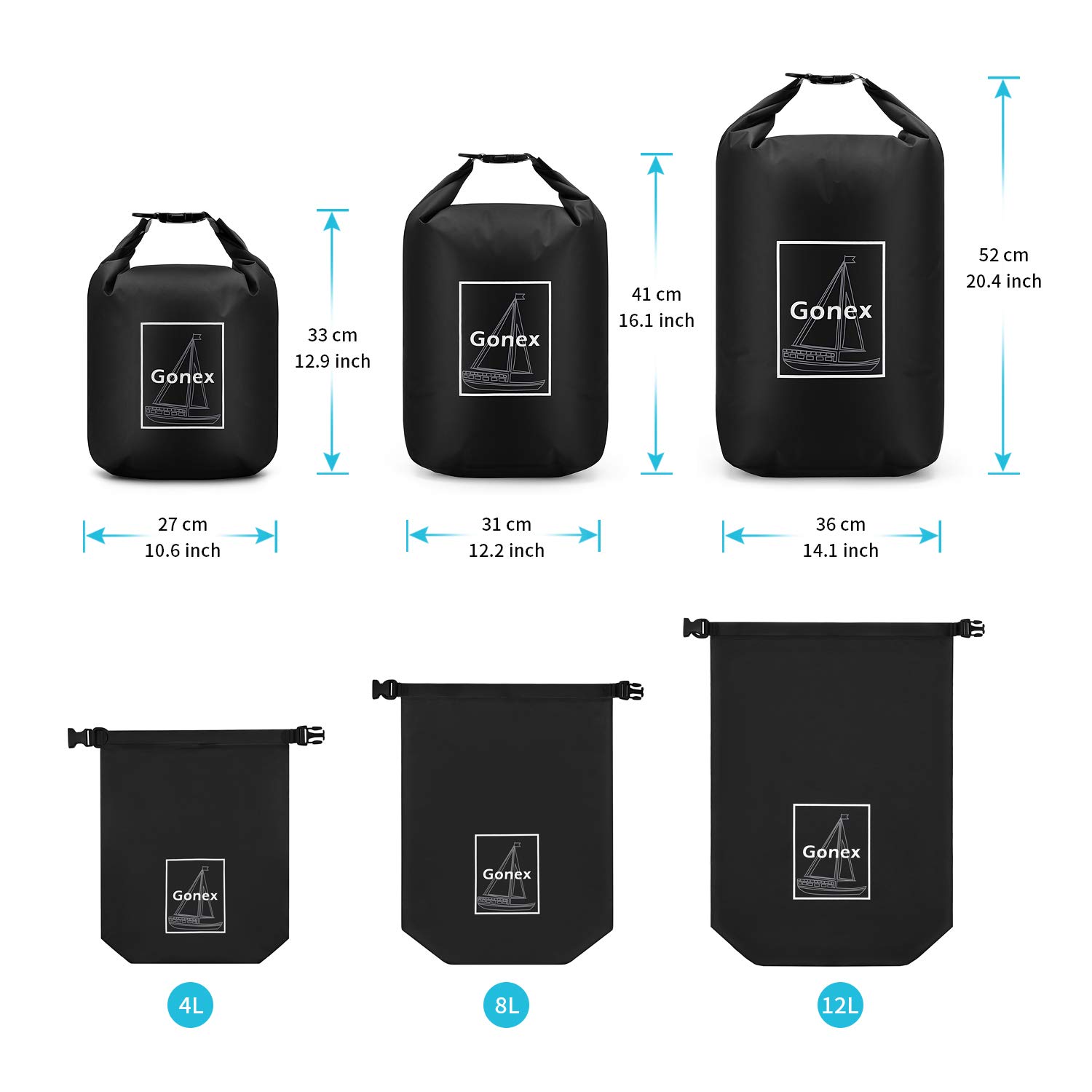 Gonex 4L+8L+12L Waterproof Dry Bag Floating Roll-Top Compression Dry Sack Stuff Sack Storage Bags for Kayaking Boating Canoeing Swimming Water Sports with a Phone Pouch & Shoulder Strap Black