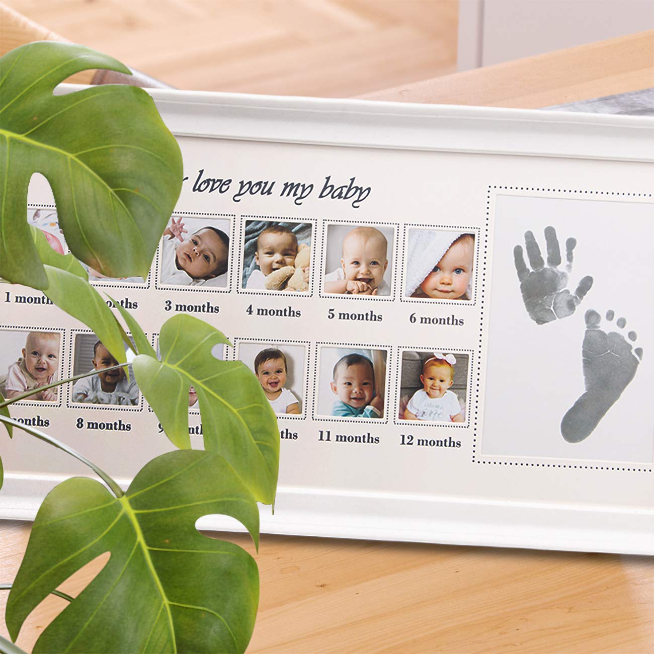 Hiverst Baby Keepsake Frame Kit, Shatterproof Baby First Year Frame in Delicate Package- Ideal Personalized Newborn Baby for Baby Shower with Ink Pad Stamp & Stencil, 15" x 8"
