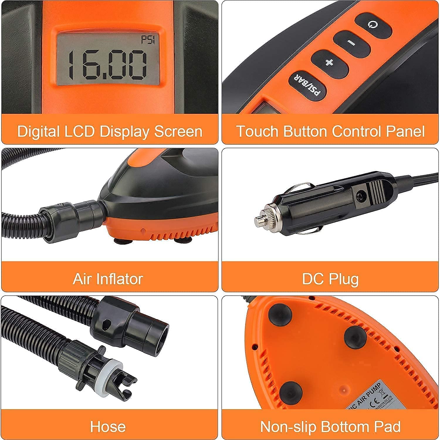 HIKULA Air Pump 16psi SUP Electric Pump Built in Temperature Sensor and 12V DC Car Connector Quickly Inflating for Paddle Board, Inflatable Boat, Car Inflatable Bed, Inflatable Tent