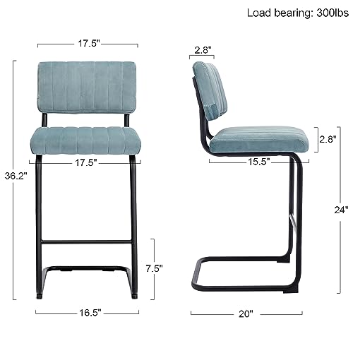 ONEVOG Chairs Modern Velvet Barstools, Set of 2 Upholstered Counter Chair with Black Metal Legs and Backrest for Kitchen, Dining, Party (24Inch, Blue)