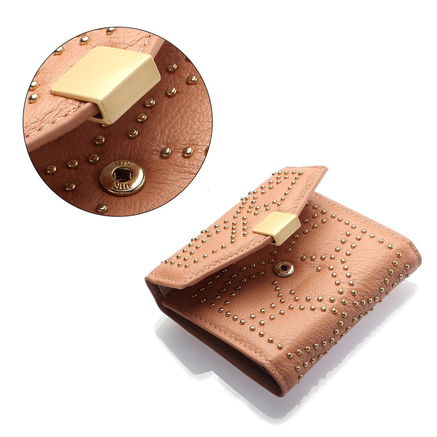Genuine Leather Wallet for Women, Rivet Studded Money Organizer, Smart Leather Credit Card Case, Multipurpose Small Purse (Pink)