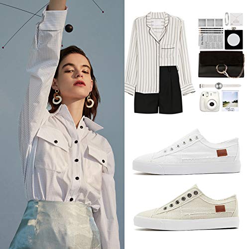 Women's Slip on Shoes Fashion Canvas Sneakers Non Slip Low Top Casual Shoes(Beige.US5)