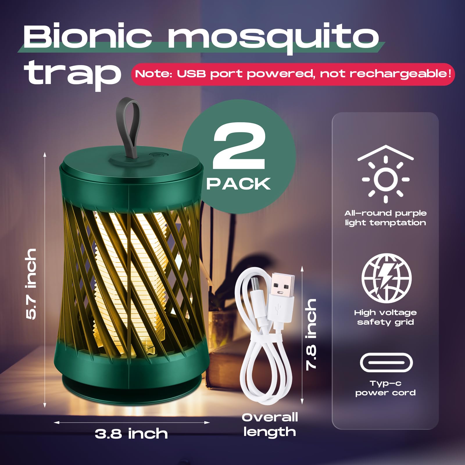 Qualirey 2 Pack Bug Zapper Outdoor and Indoor 3000V Mosquito Killer Lamp USB Cable Plug in Electric Insect Trap Fly Zapper UV Light Mosquito Catcher Repellent Fruit Flies for Bedroom (Green)