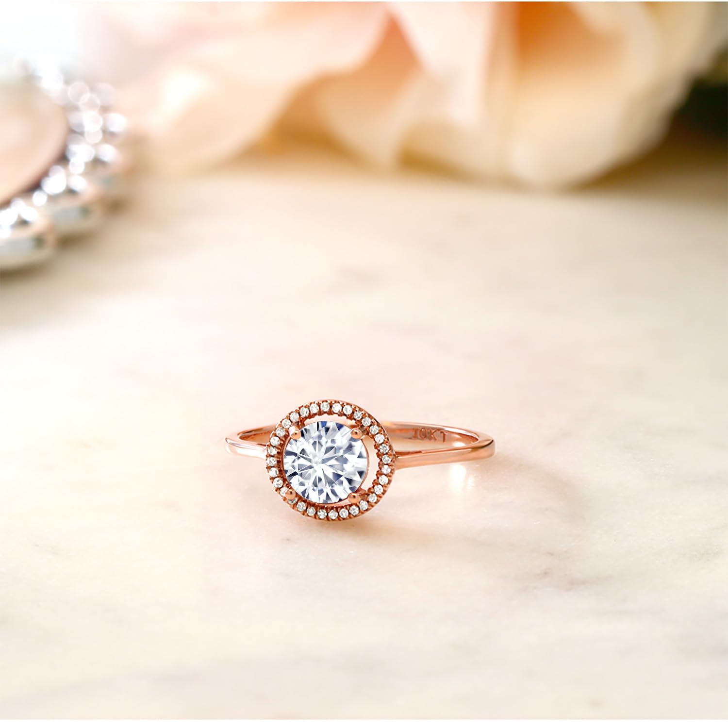 Gem Stone King 10K White Gold Gemstone Birthstone & Diamond Halo Promise Wedding Engagement Ring | Round 6MM | White Gold Ring For Women