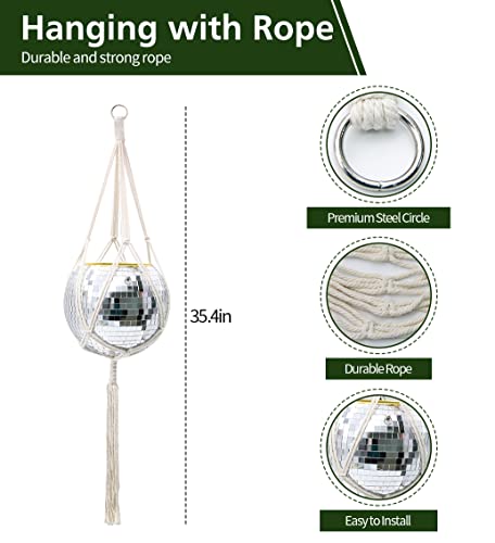 RUBY.Q Disco Ball Planter, 4"/6"/8" Silver/Rose Gold Disco Planter, Disco Ball Plant Hanger with Rope Chain Circle (8", Silver)