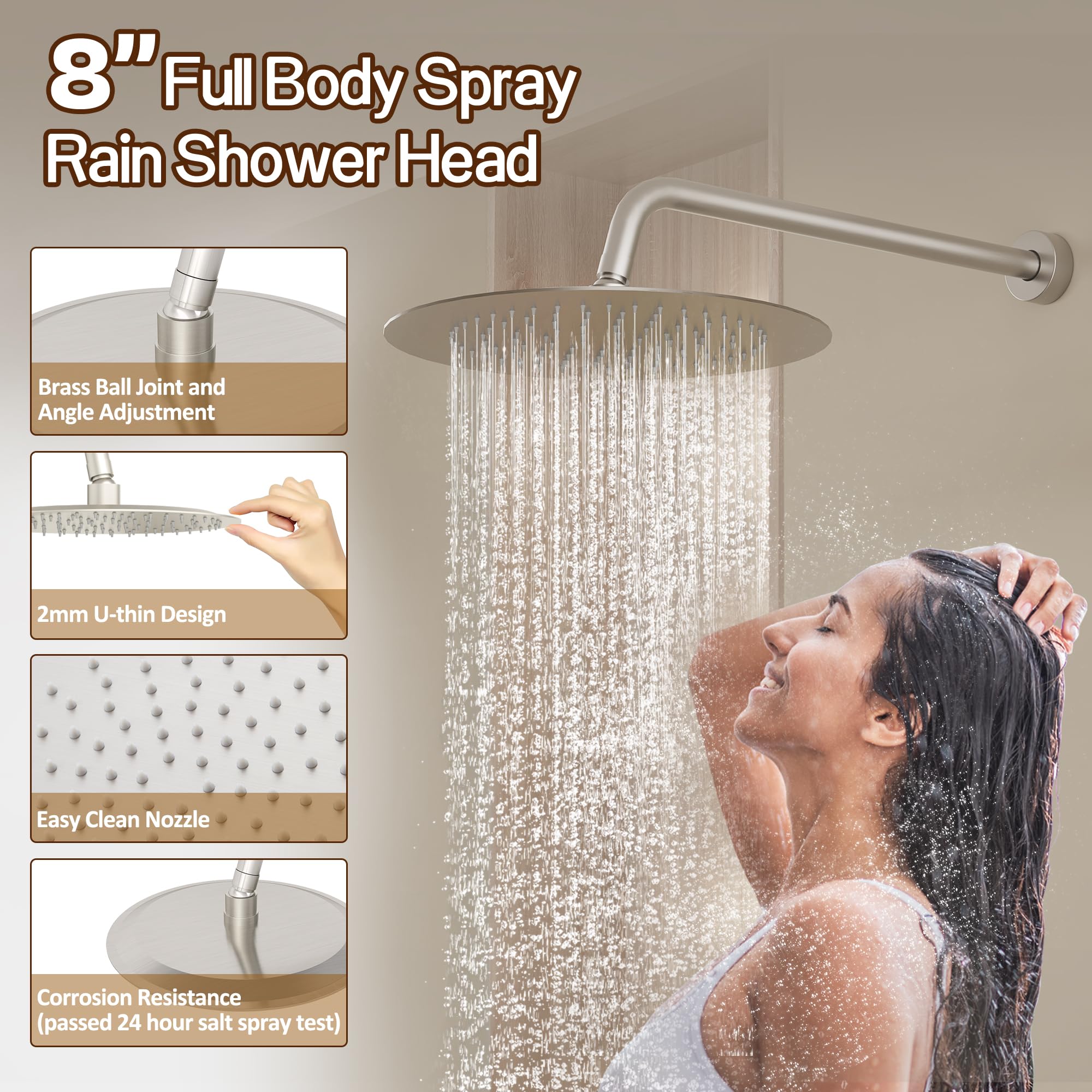 Gabrylly Slide Bar Shower System, Shower Faucet Set Complete with High Pressure 8" Rain Shower head and 5-Setting Handheld Shower Set, Shower Valve Include, Brushed Nickel