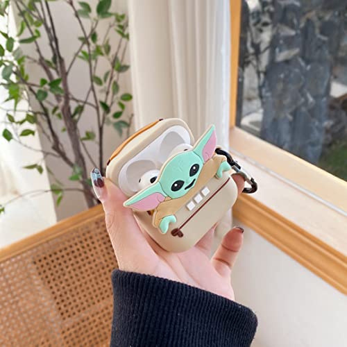 OINbxw Case for Airpods 3 3rd Generation, 3D Cute and Interesting Baby yoda Character Skin Soft Silicone Protective Cover, with Keychain Accessory Set, Suitable for Boys and Girls (Cream Color)