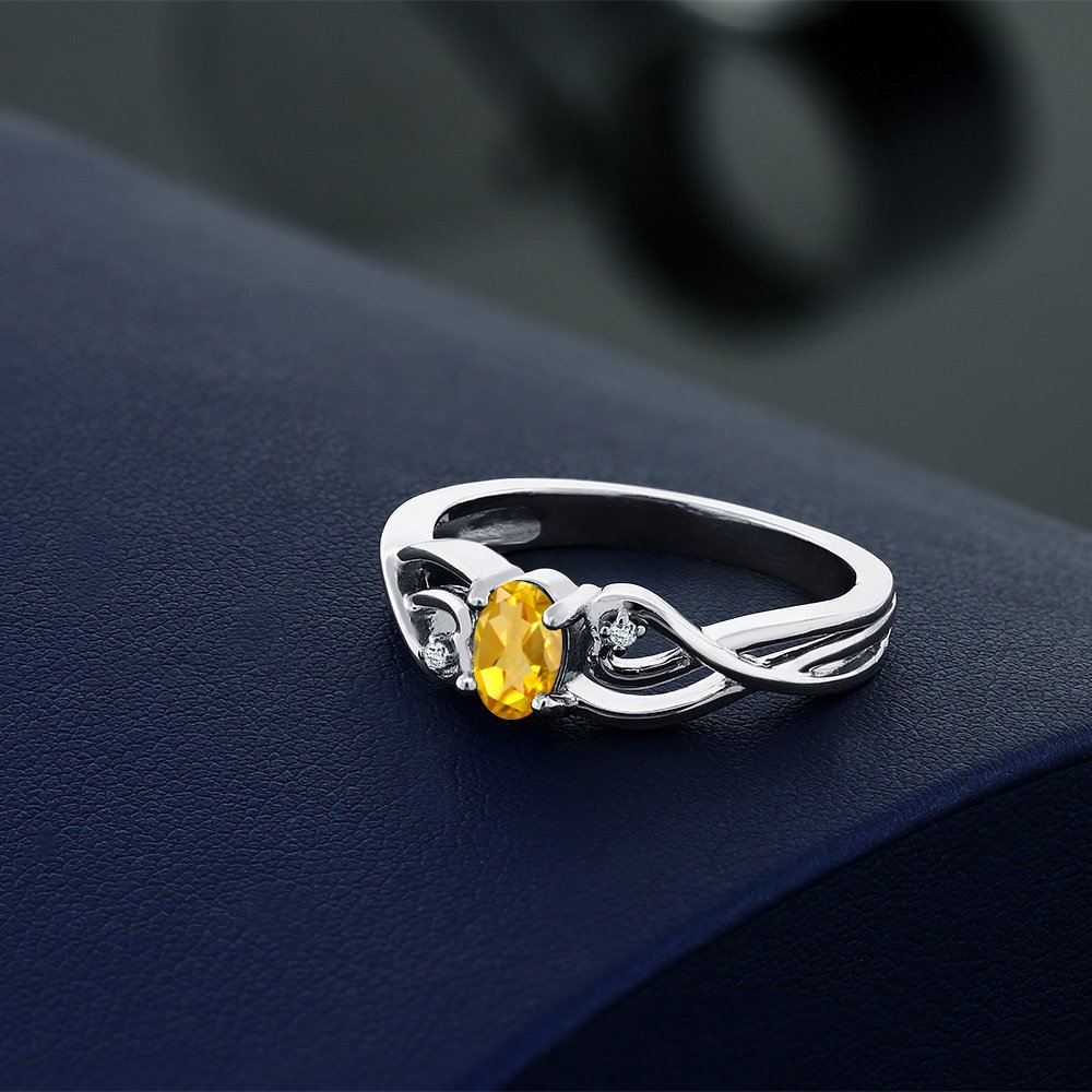 Gem Stone King 925 Sterling Silver Yellow Citrine and White Lab Grown Diamond Ring For Women (0.41 Cttw, Gemstone Birthstone, Available In Size 5, 6, 7, 8, 9)