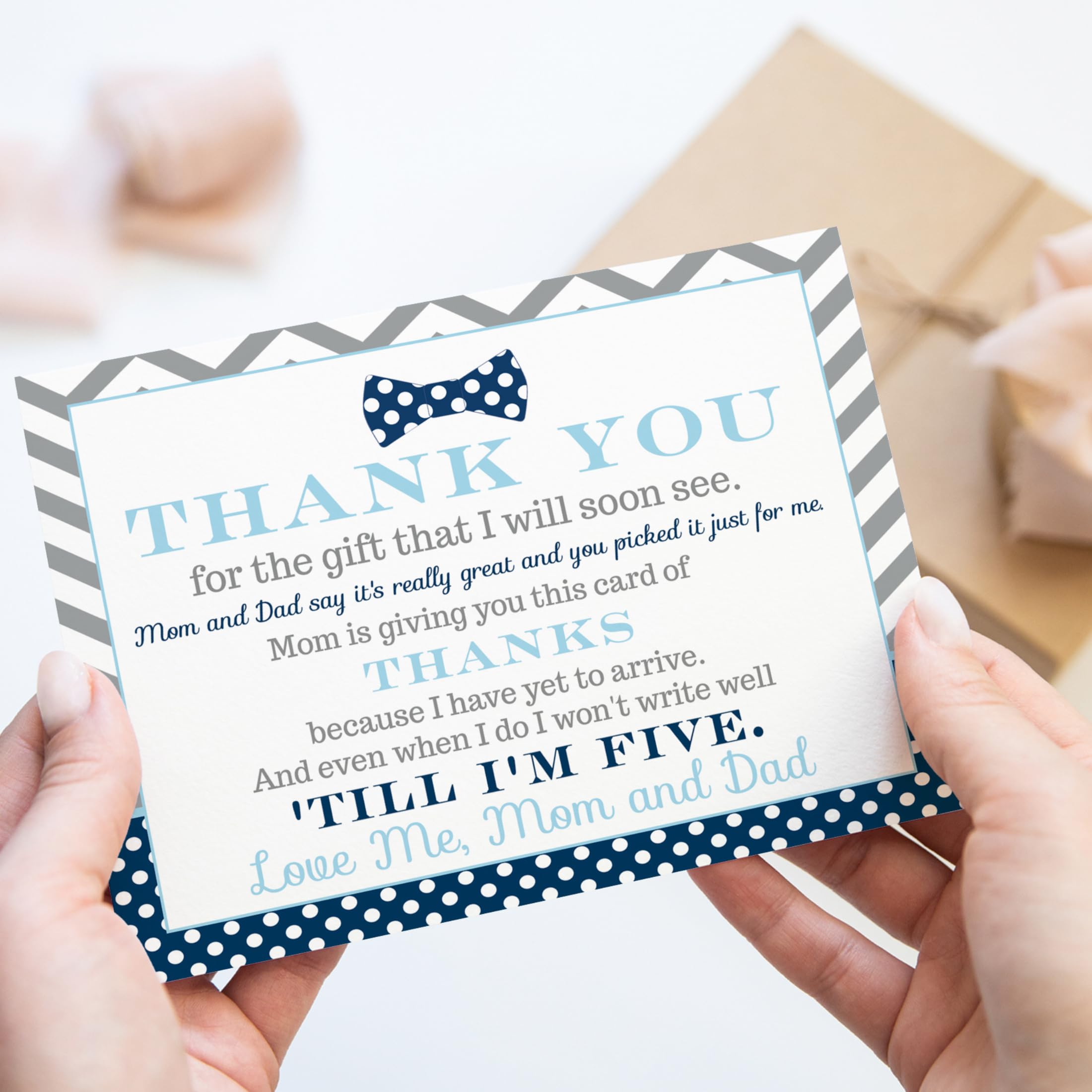 Paper Clever Party 25 Bow Tie Baby Thank You Cards Pack β Boys Baby Shower Notes with Envelopes, Prefilled Message, Customizable Blank Stationery, Adventure Theme, New Parents Gift Ideas