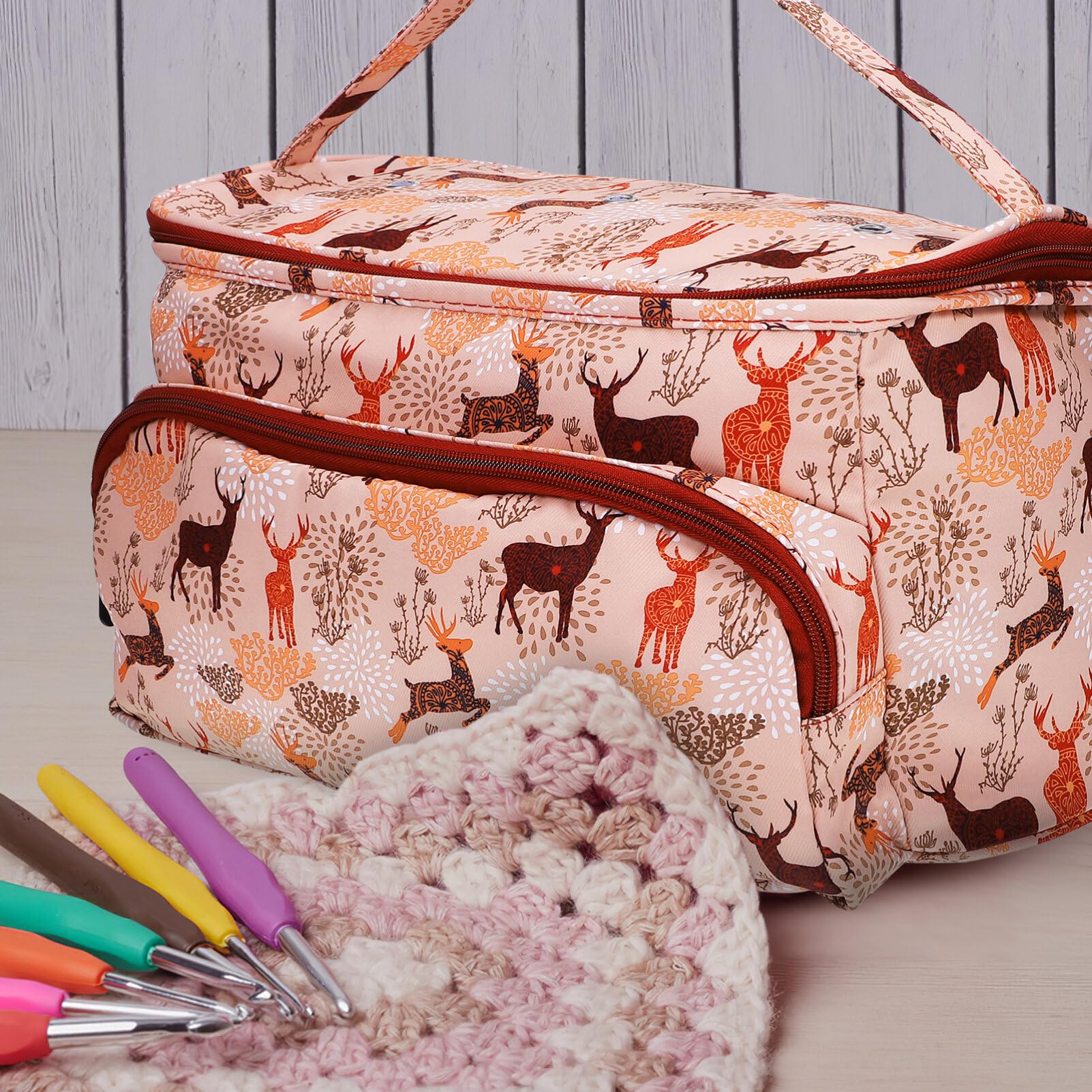 OHPHCALL Knitting Bag Yarn Storage Organizer,Crochet Bags Portable Knitting Tote Basket Yarn Bags for Crochet Hooks, Crocheting Kit, Knitting Needles, Yarn Balls, Project