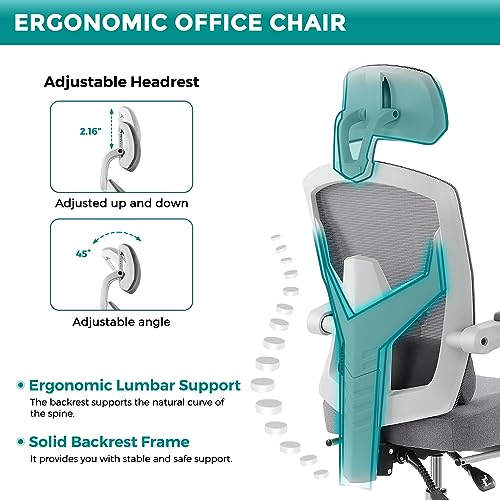 OLIXIS Gaming Ergonomic Foot Rest Reclining, High Back Mesh Home Office Computer Desk Chair with Wheels, Adjustable Headrest, Grey