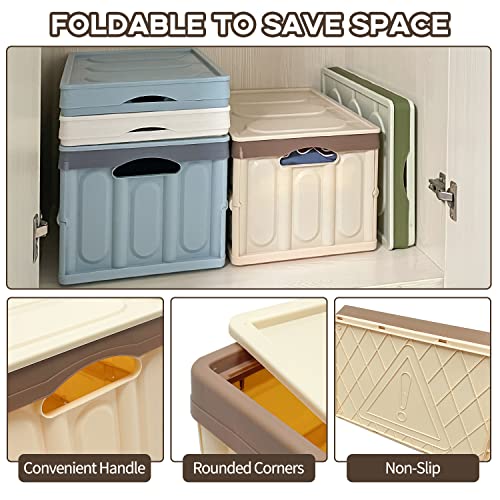 Sutekus Lidded Storage Bins Stackable 30L Storage Crates Collapsible Storage Box For Office Books Grocery Wardrobe (Light Brown)