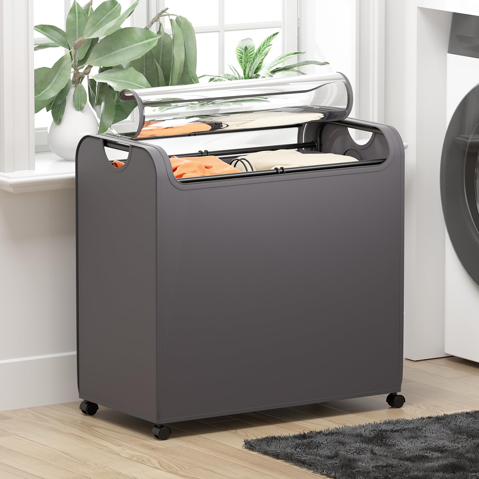 Tinpin Double Laundry Hamper with Lid, Laundry Basket with Wheels, 96 L Laundry Sorter, Dirty Clothes Hamper for Laundry 2 Section, Dark Grey (Upgrade)