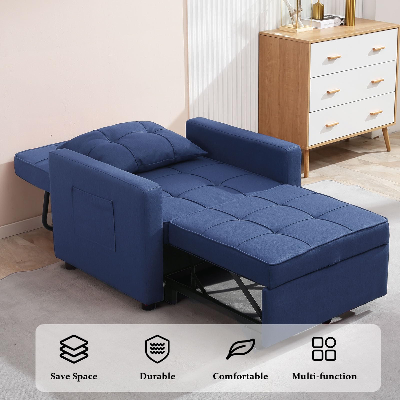 GOOGIC Convertible Chair Bed, 3-in-1 Folding Sofa Bed Chair with Adjustable Backrest, Multi-Functional Pull Out Sleeper Chair Bed Single Armchair Sofa Bed with Side Pocket (Blue)