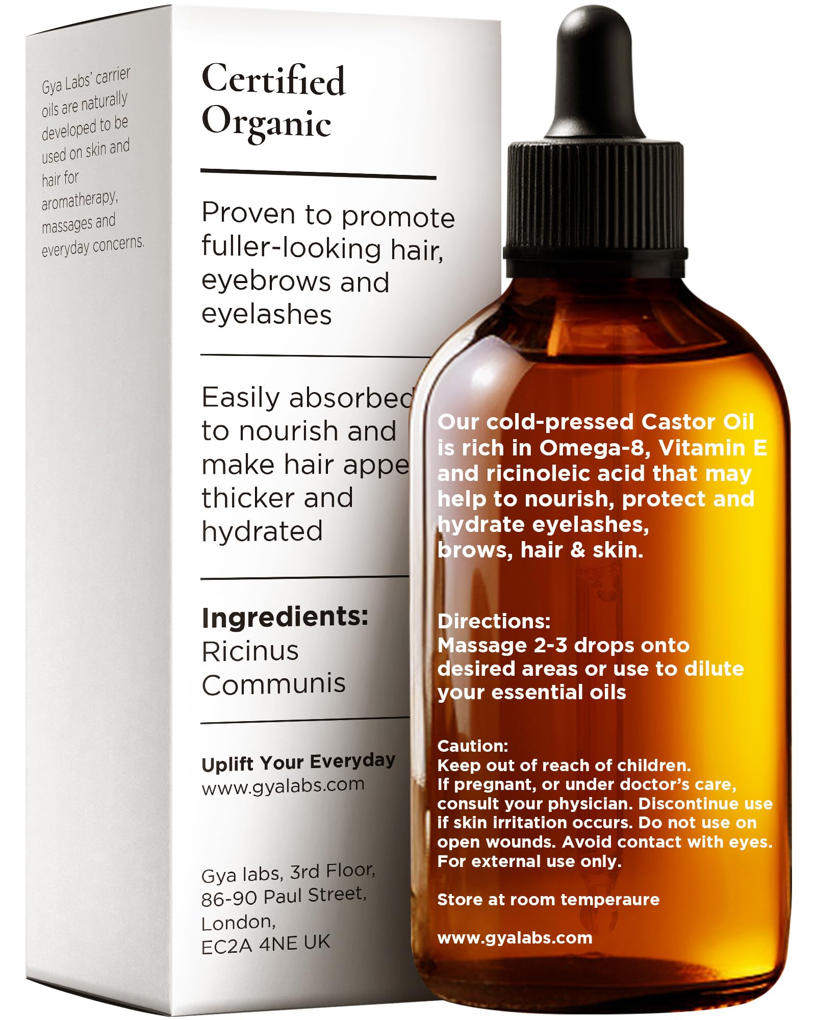 Gya Labs Organic Cosmetics Castor Oil for Eyelashes and Eyebrows - 100% Natural Cold Pressed Castor Oil for Hair, Eyelash & Eyebrow - Unrefined Carrier Oil for Skin (1.7 fl oz + Eyelash Kit)