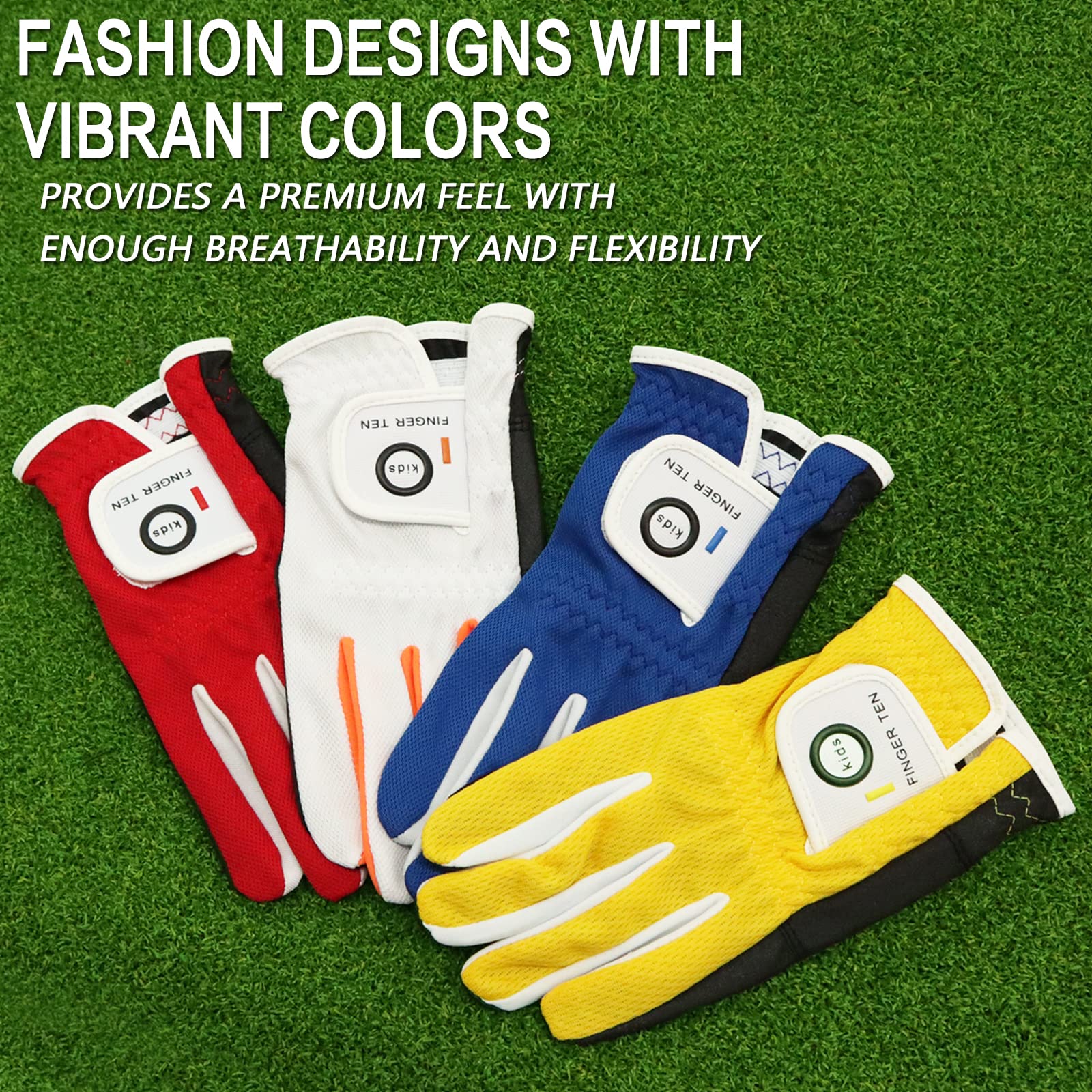 Golf Gloves Junior Kids Youth Toddler Boys Girls Left Hand Right Hand Dura Feel White Blue Red Yellow Golf Glove Extra Value 2 Pack Age 4-11 Years Old (Large(Age 7-8) Blue, Worn on Left Hand)