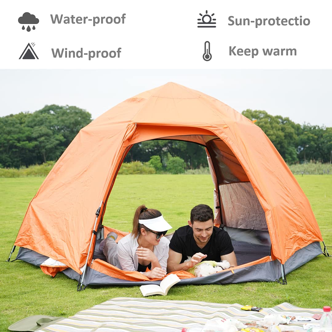 Hikeman Family Camping Tent 4/6/8 People Double Layer Large Tent for Camping Two Doors Four Windows Portable Tent,Automatic Waterproof Windproof Tent for Hiking Mountaineering (Orange)