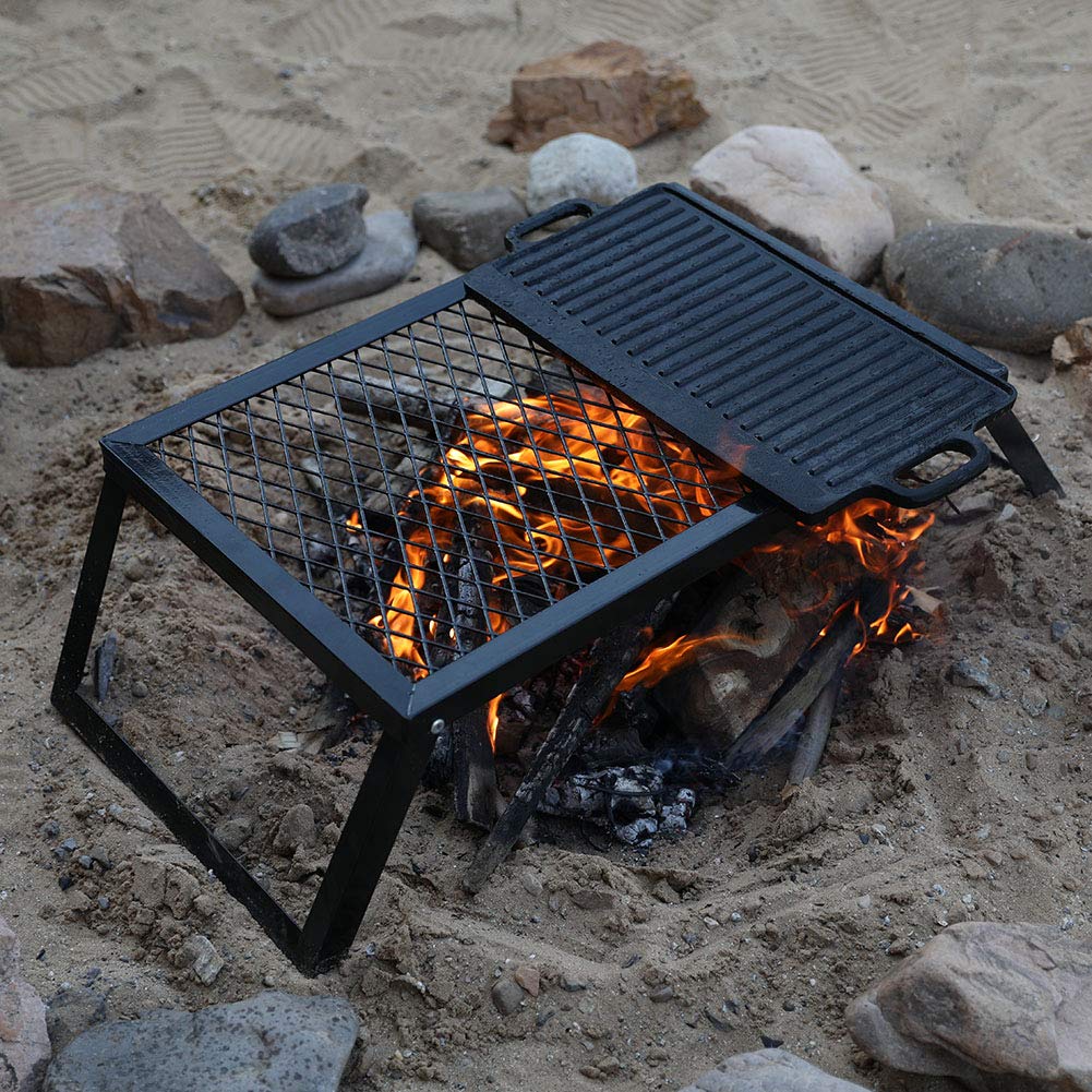 Folding Campfire Grills, Heavy Duty Iron Steel Grate, Portable Over Fire Camp Grill for Outdoor Table Backpacking Hiking Traveling Picnic BBQ