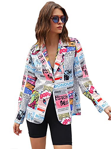 WDIRARA Women's Newspaper Pop Art Print Button Front Long Sleeve Casual Blazer Jacket Multicolored L
