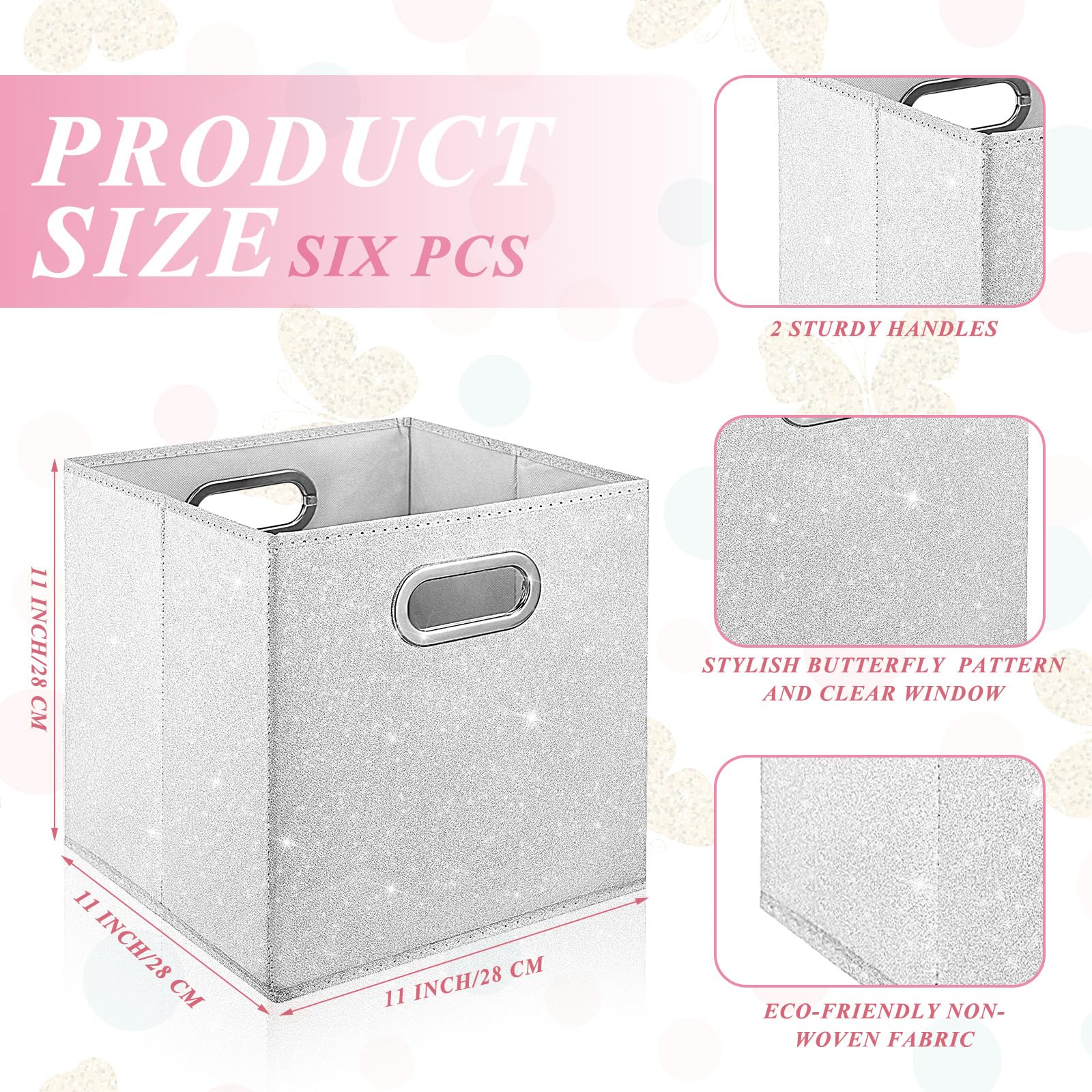 Tioncy 6 Pcs Silver Storage Cubes Shiny 11 x 11 x 11 Inch Storage Basket with Handles Collapsible Storage Bins Container Fabric Large Toys Clothes Organizer Box for Home Desktop Closet Shelf