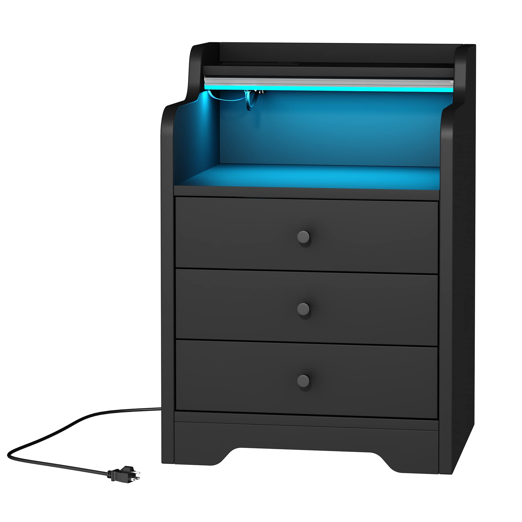 Gdvsclr Nightstand with Charging Station, Nightstand with LED Lights, 3 Drawers Bedside Table for Bedroom/Dormitory, Led Nightstand with Open Storage Shelf, 3 USB Ports & 2 Outlets, Black