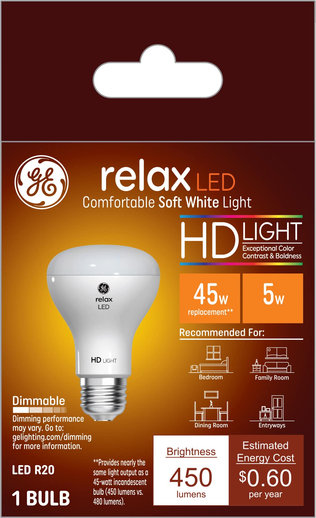GE Relax LED Light Bulb, 45 Watt, Soft White, R20 Indoor Floodlight (1 Pack)