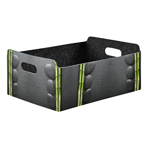 Poeticcity Black Zen Basalt Stones with Dew Green Bamboo on Dark Collapsible Felt Cloth Storage Box, Rectangular Desk Organizer Basket Bin, Detachable Laundry Hamper Plate Counter Holder Box