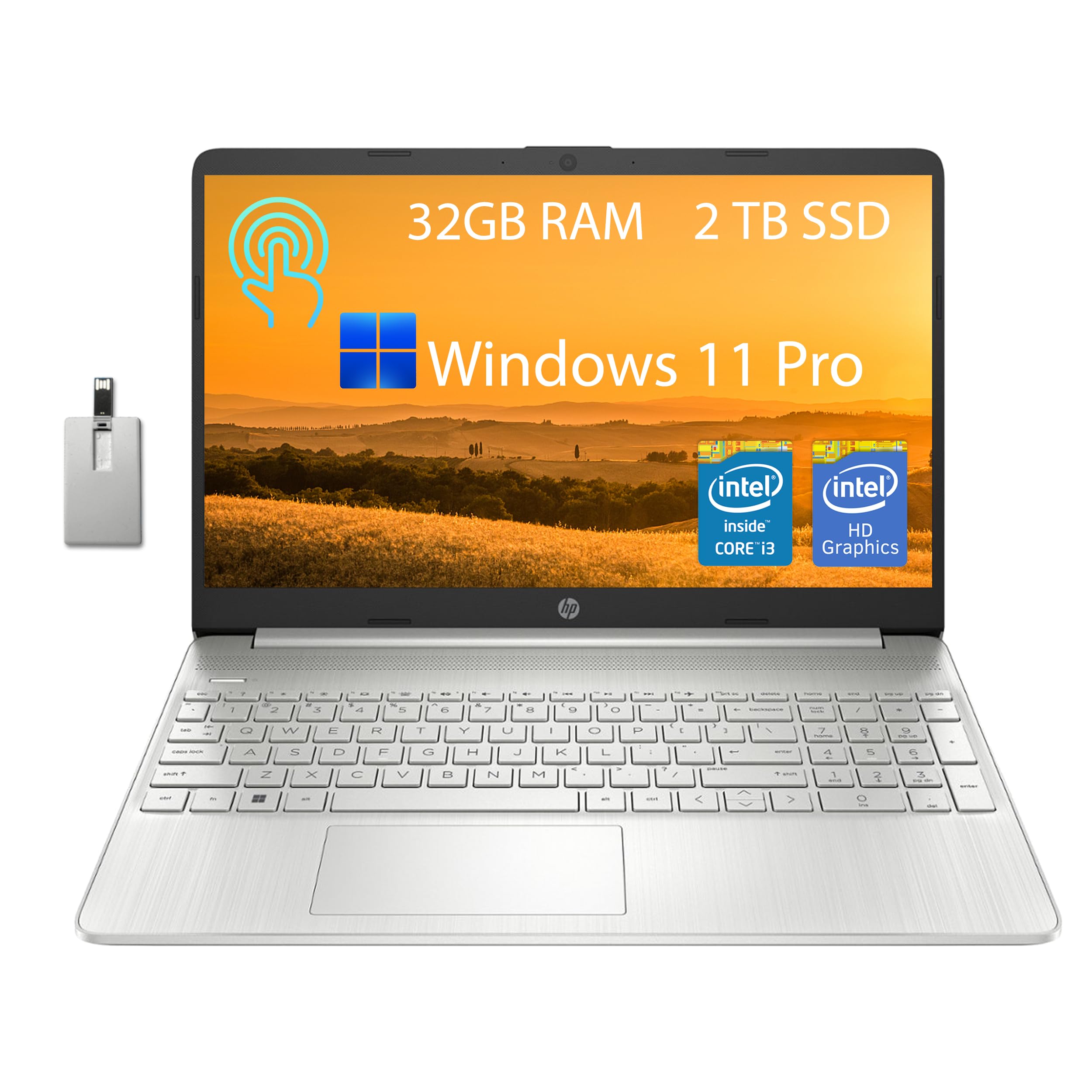 HP 15.6” HD Touchscreen Laptop, Intel Core i3-1115G4(Beats i5-1035g1), 32GB RAM, 2TB PCIe SSD, Intel UHD Graphics, HD Webcam, Numpad, Wi-Fi 5, Bluetooth, Silver, Win 11 Pro, 32GB USB Card