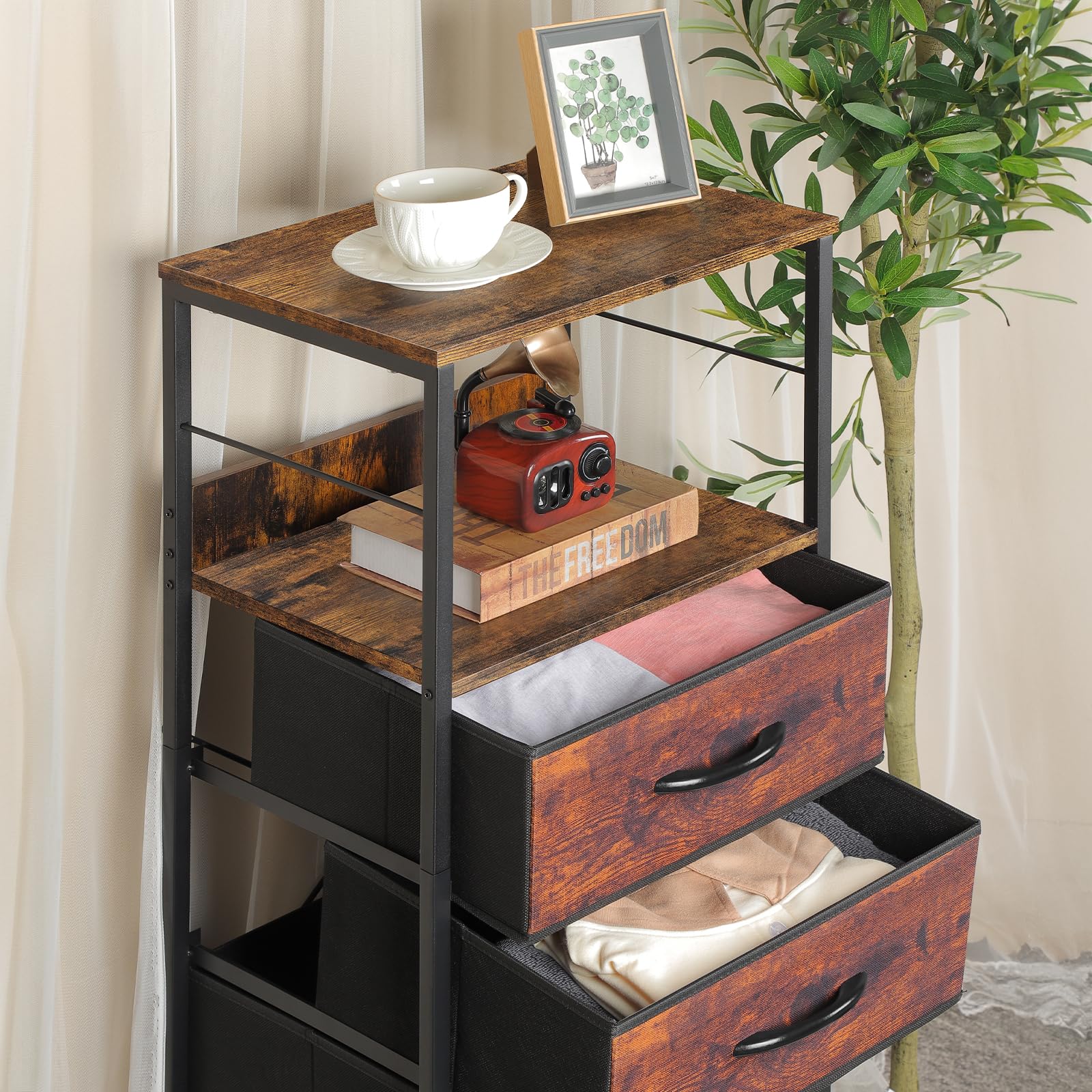 YBING Tall Nightstand 5 Drawer Dresser for Bedroom Vertical End Table Chest for Nightstand, Open Shelf, Steel Frame, Bedside Table Black