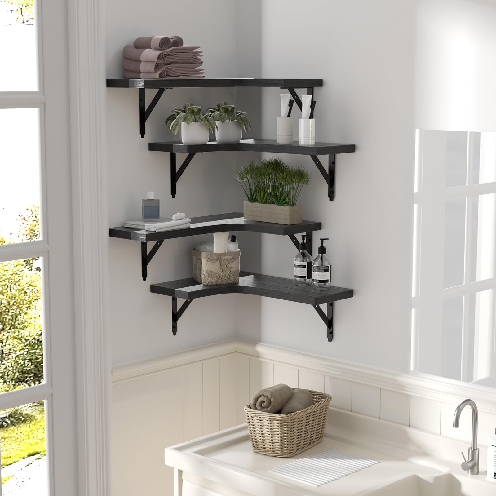 ROMGUAR CRAFT Corner Floating Shelves Wall Mounted Set of 4, Rustic Wood Storage Display Wall Shelves for Home Decor, Bathroom, Kitchen, Bedroom, Living Room, Office (Brown)