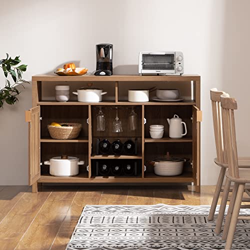 SICOTAS Coffee Bar Cabinet, 51" Rattan Sideboard Buffet Cabinet with Storage, Boho Farmhouse Liquor Cabinet with Wine Racks Credenza Console Buffet Table for Home Living Dining Room Entryway, Natural