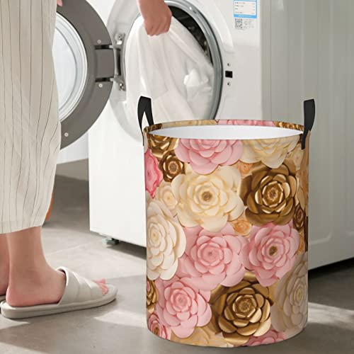 Pink White Gold Flowers Round Laundry Basket Toy Storage Basket, Storage Bin With Handle, Suitable For Bedroom, Toys, Boys, Girls, Toy Room
