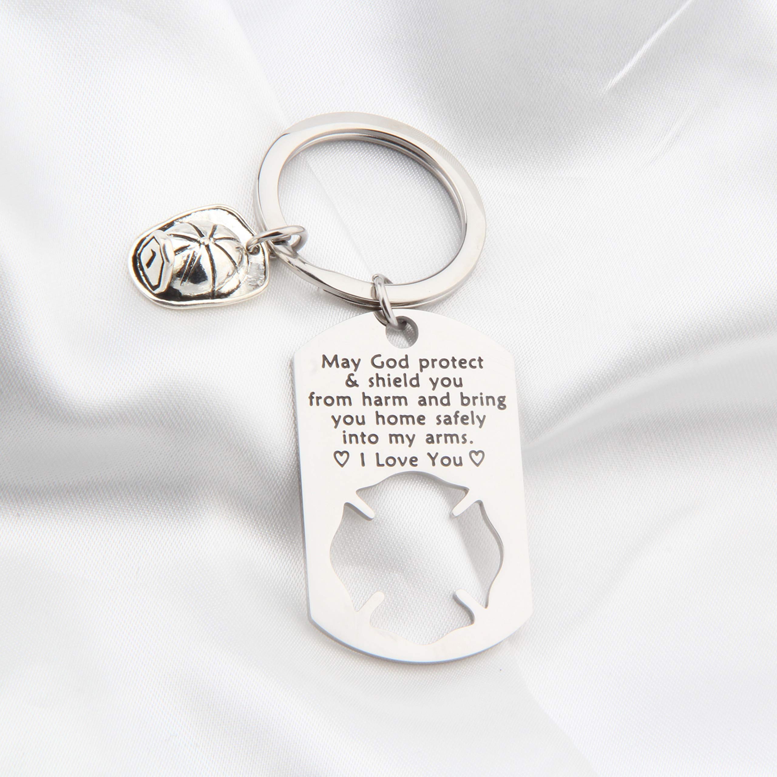 FUSTMW Firefighter Gift Keychain Necklace Matching Set Fireman Jewelry Gift for Firefighter Wife, Girlfriend, Mom, Daughter May God Protect You from Harm (silver)