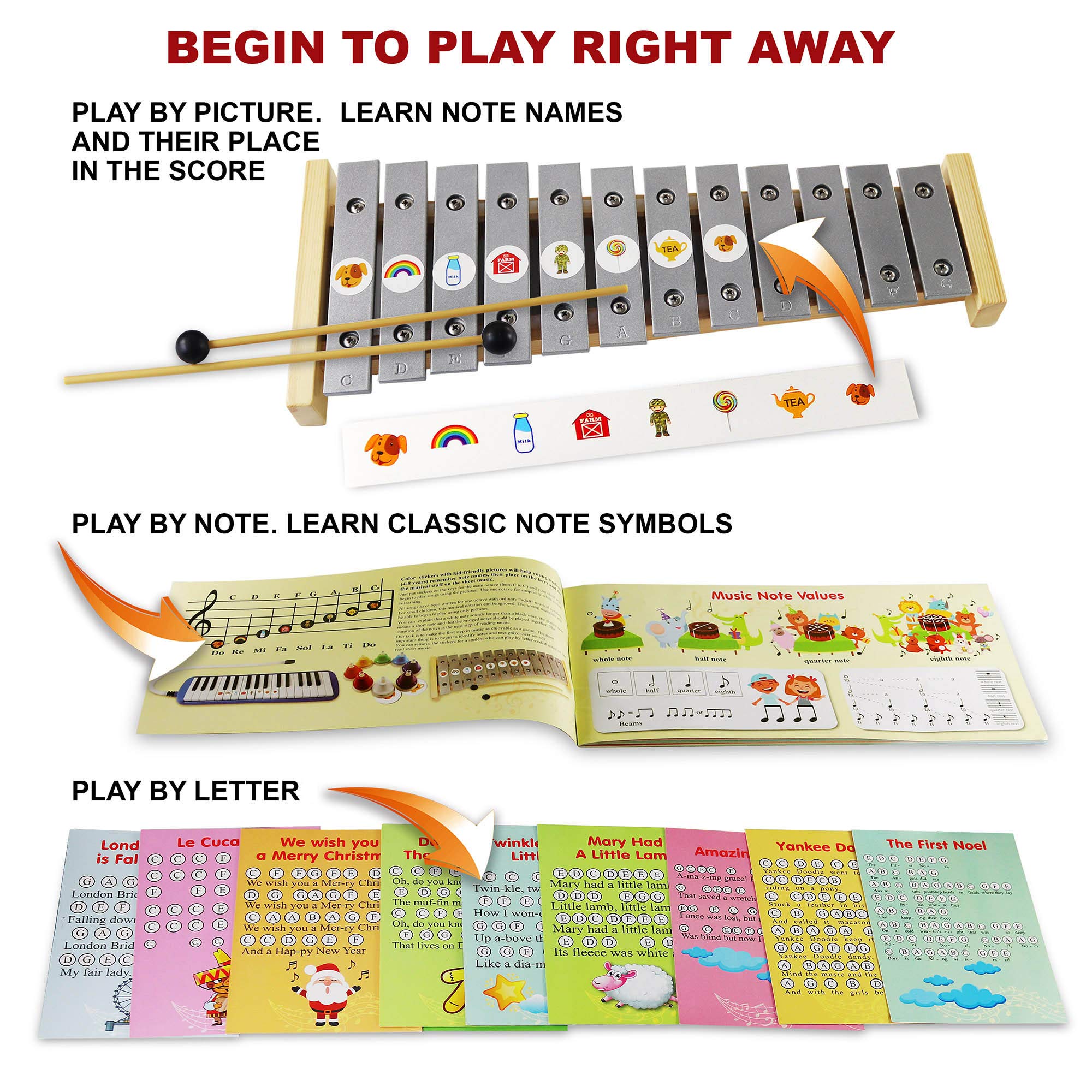 Glockenspiel 12 Note - Play-by-Picture Xylophone with Sheet Music Book - 34 Easy Play Songs