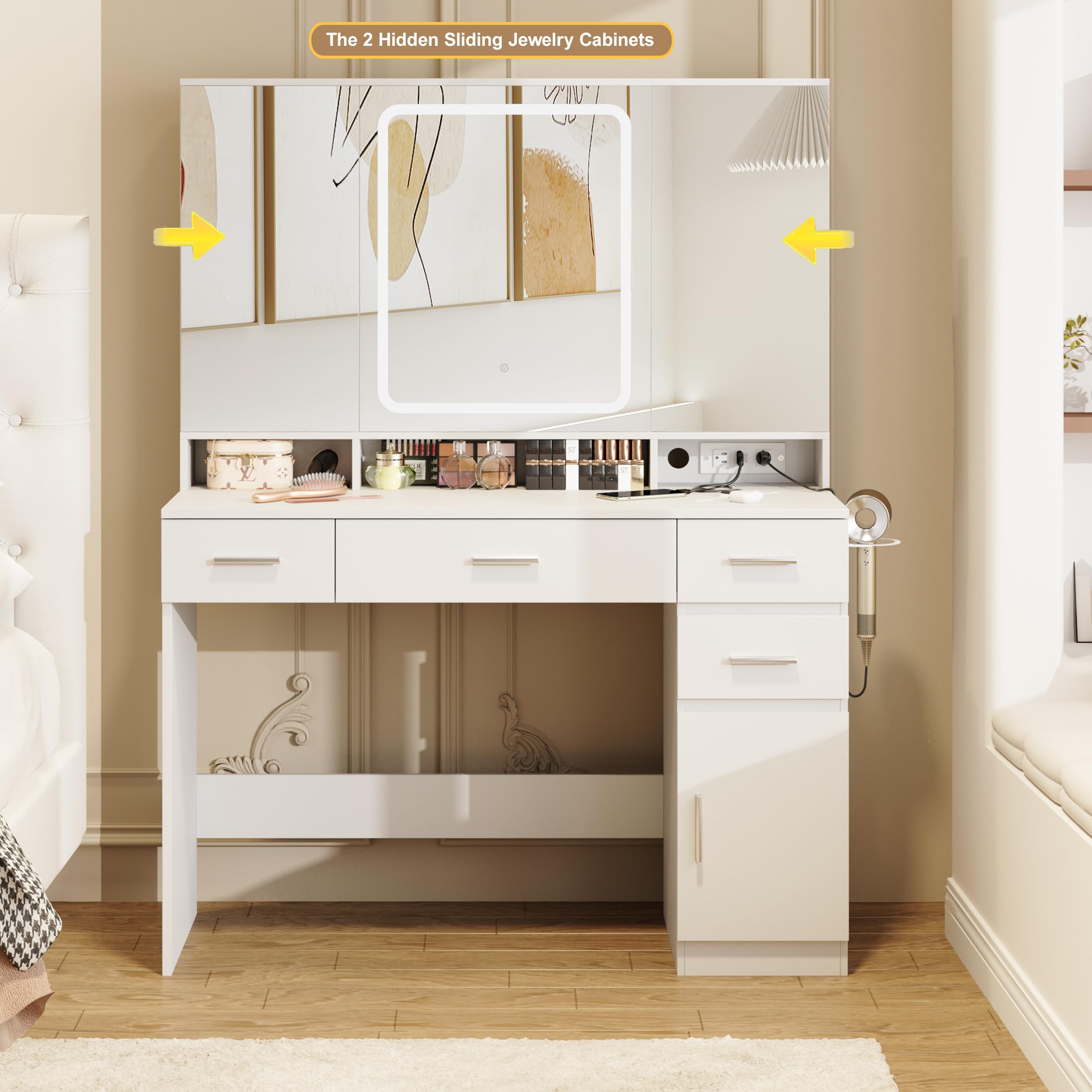Vabches White Vanity Desk, Makeup Vanity Desk with Mirror and Lights, Vanity Table with Large Storage Drawers and Charging Stations, Sliding Jewelry Cabinets, 3 LED Lighting Modes Adjustable