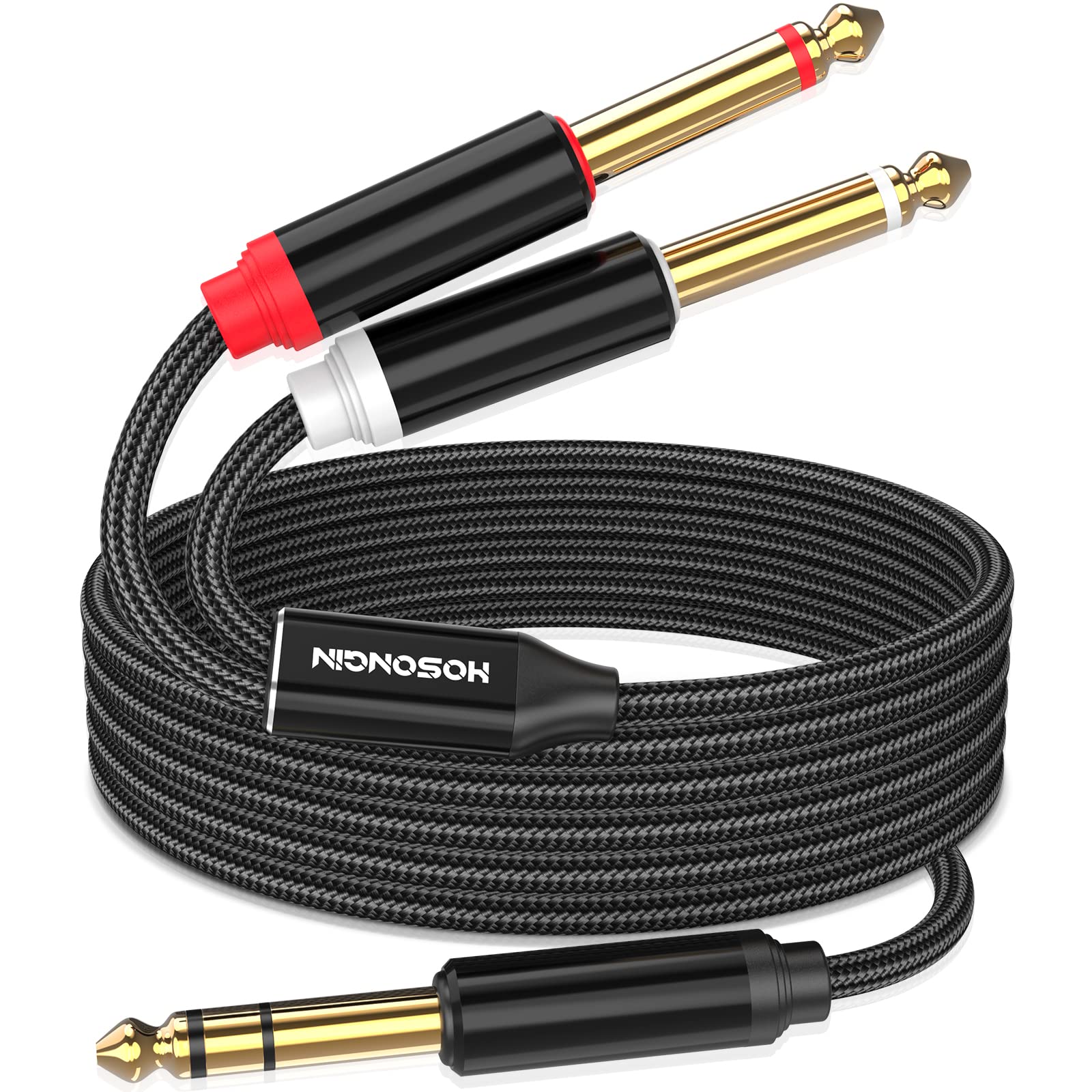 HOSONGIN 1/4 inch TRS Stereo to Dual 1/4 inch TS Mono Y-Splitter Insert Cable, Nylon Braided Jacket Gold-Plated Plug Double Shielding Cable, 10 Feet