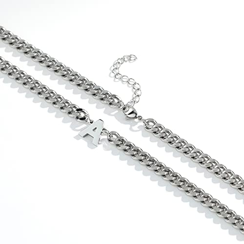 RUOOUY Initial A-Z Letter Necklace for Men Stainless Steel Cuban Link Chain 18+2 Inch Personalized Letter Charm Pendant Jewelry Gift for Boys Women(Silver-J)