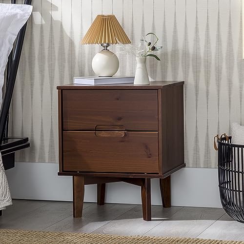 Walker Edison Mid Century Modern Grooved Handle Wood Nightstand Side Table Bedroom Storage Drawer and Shelf Bedside End Table, 2 Drawer, Walnut