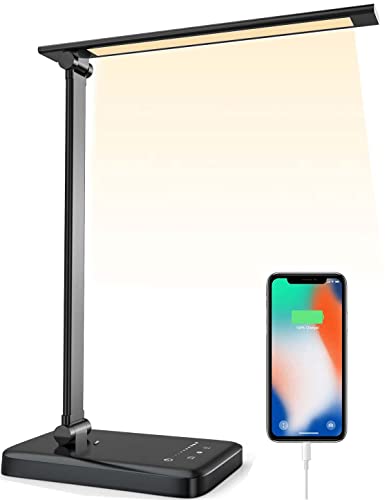 WEIDUOYI LED Desk Lamp Dimmable Home Office Lamp with USB Charging Port Reading Light Table Desk Lamps, Eye-Caring Table Lamp 45mins Timer Desk Light for Working and Reading Black