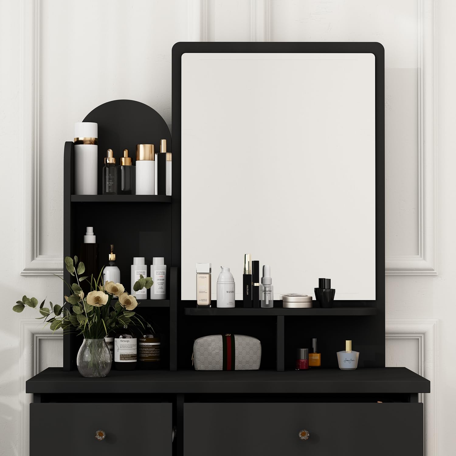 ROMSHINE Small Vanity Desk with Mirror, Makeup Vanity with Shelves & 4 Drawers, Vanity Table Set for Bedroom, Sliding Mirror, Cushioned Stool, Space-Saving, White&Grey, 35.2”W x 15.7”D x 52.4”H